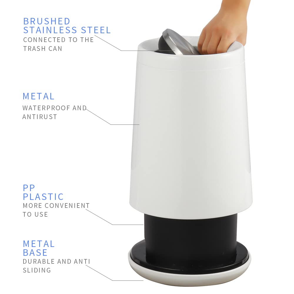 BRIEFHUMAN Household Swing White Bathroom Trash Can，Brushed Stainless Steel，10 L/3 Gallen，Garbage Can with Flipping Lid， for Indoor or Commercial Use, Kitchen,Modern，Living Room,Bedroom