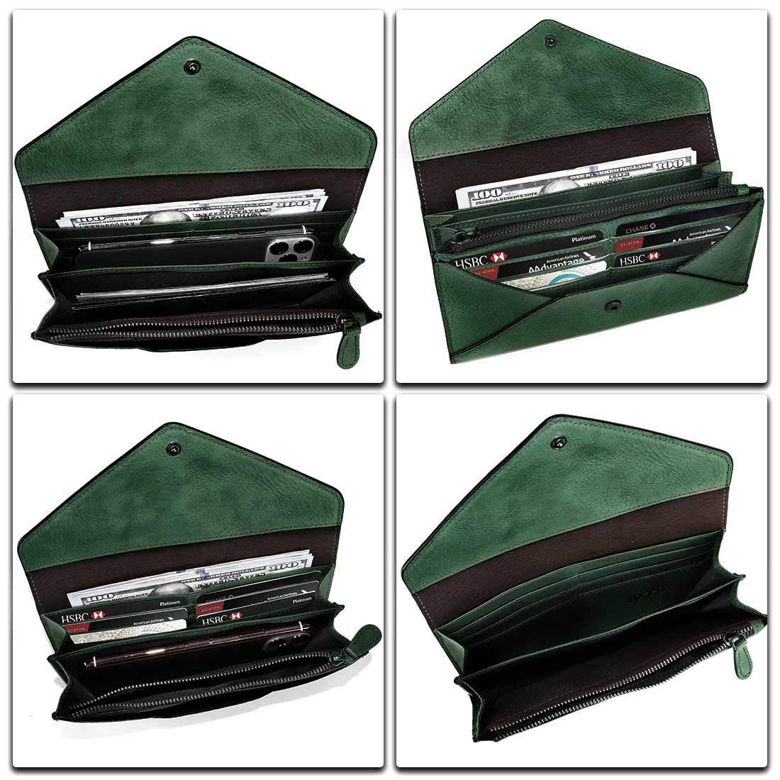Genuine Leather Wallets for Women RFID Blocking Purse Vintage All in One Organizer Handmade Long Wallet Luxury Clutch (Green)