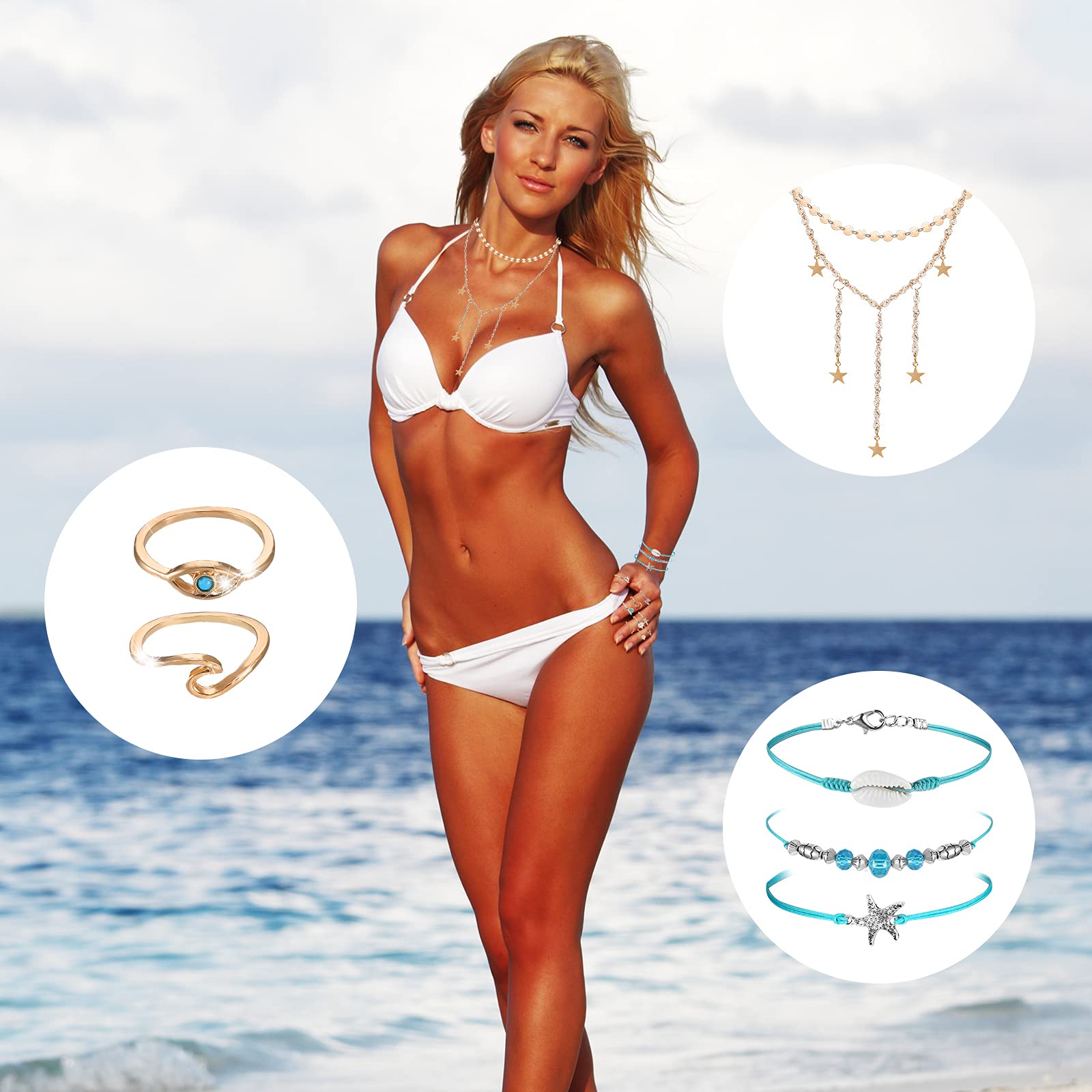 Batiyeer 60 Pcs Surfer Wave Strand Bracelet Summer Layered Choker Pendant Necklace Adjustable Multilayer Chain Necklaces Adjustable Handmade Sunflower Rope Anklets Knuckle Rings (Cute)