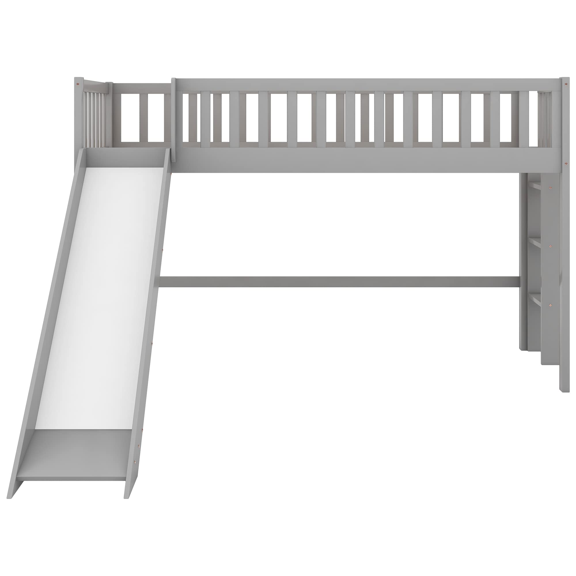 Merax Twin Wood Junior Low Loft Bed Frame with Slide Loft Bed with Full Length Guardrails for Kids Girls Boys,Gray