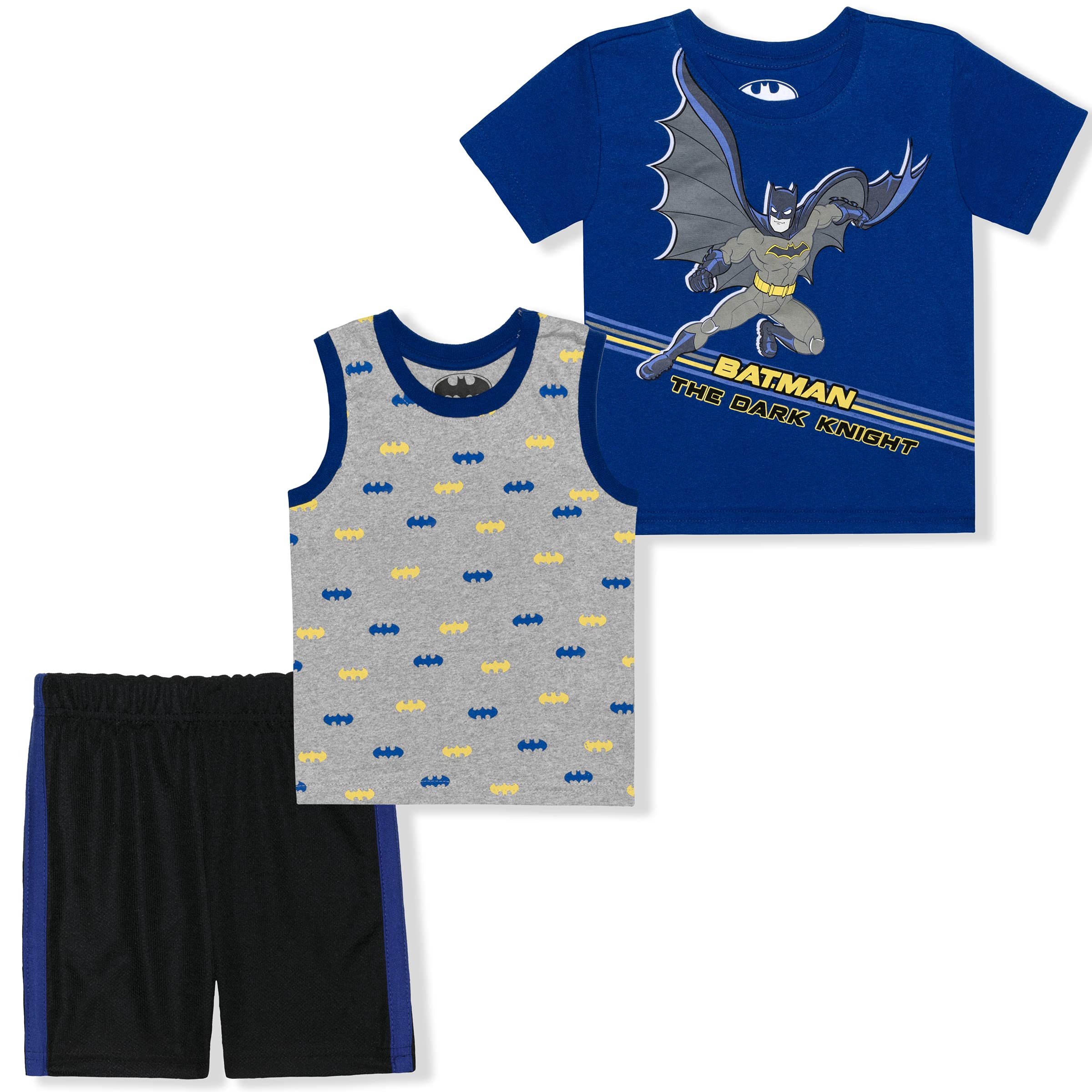 BATMAN DC Comics Boys T-Shirt, Tank Top and Short Set for Toddler and Little Kids – Blue/Black/Grey or Yellow/Gray/Black