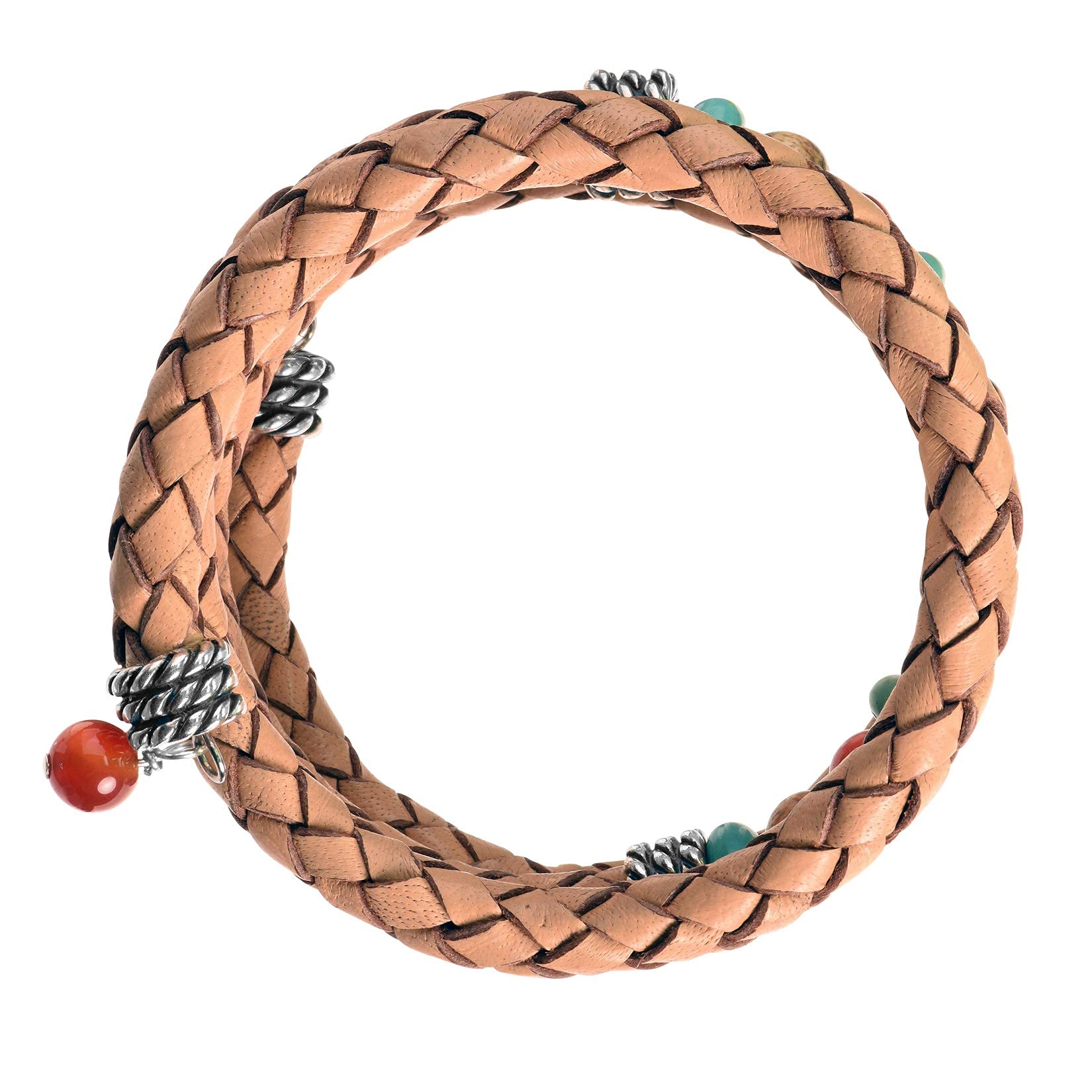 American West Sterling Silver Wrap Bracelet For Men & Women Multi-Color Gemstone Chambray Braided Leather One Size Fits Most
