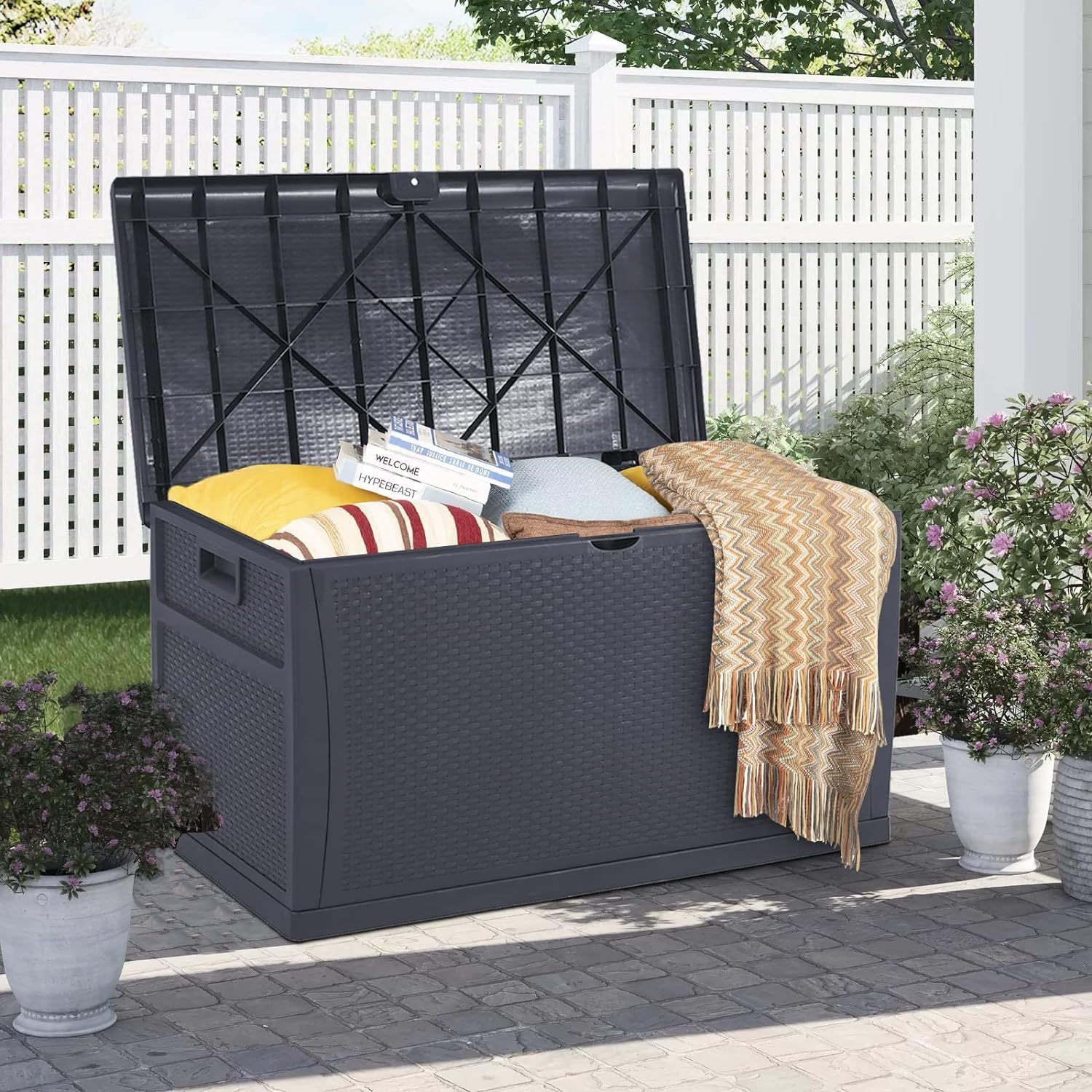 Brightpeak 120 Gallon Outdoor Storage Deck Box Gray Wicker Pattern Container Cabinet Storage for Patio Furniture Cushions, Pillows, Garden Tools, Black