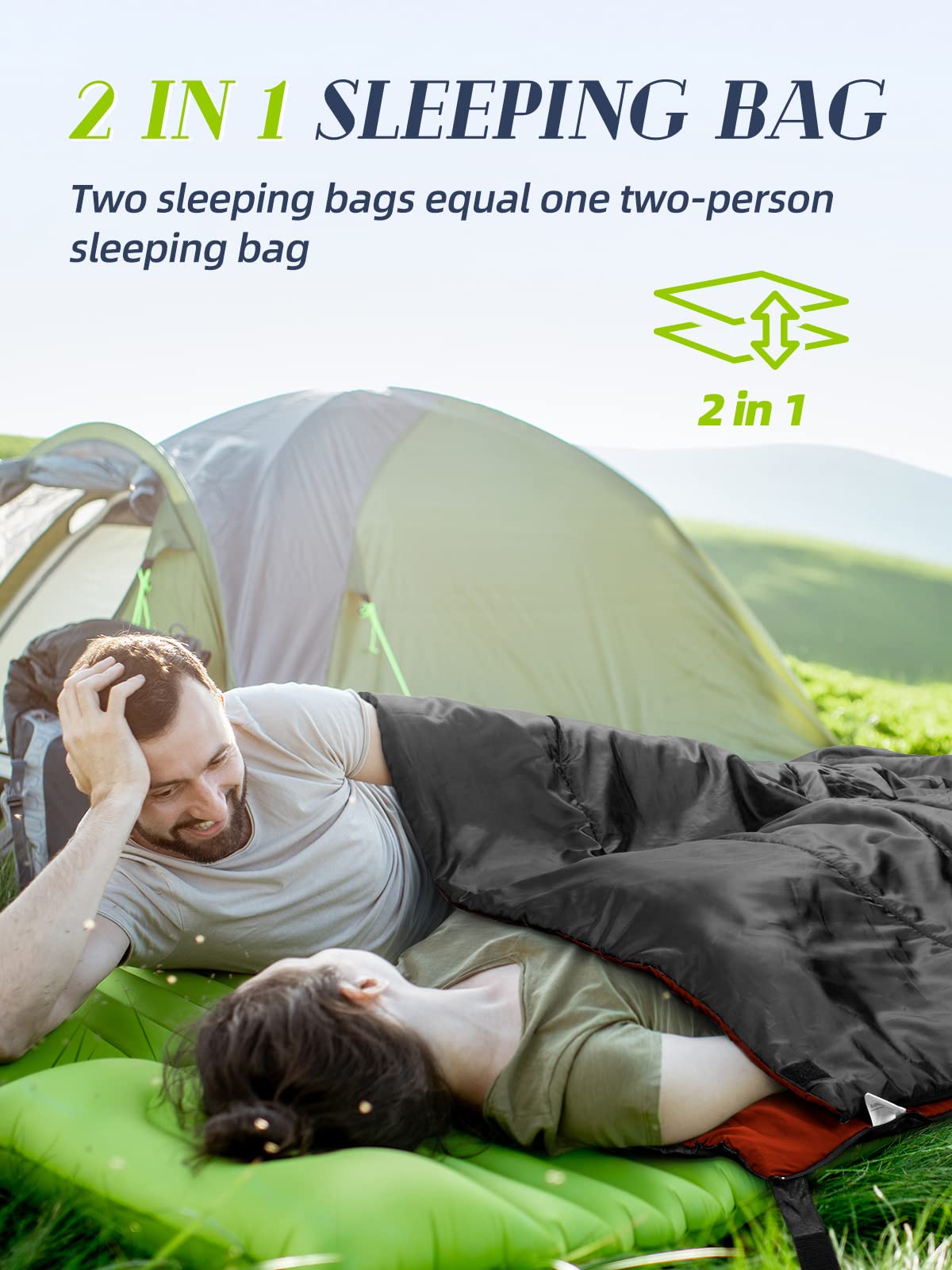 Bessport 1-2 Person Sleeping Bag, Water Repellent Camping Sleeping Bag 3 Season Warm & Cold Weather for Adults, for Hiking, Backpacking