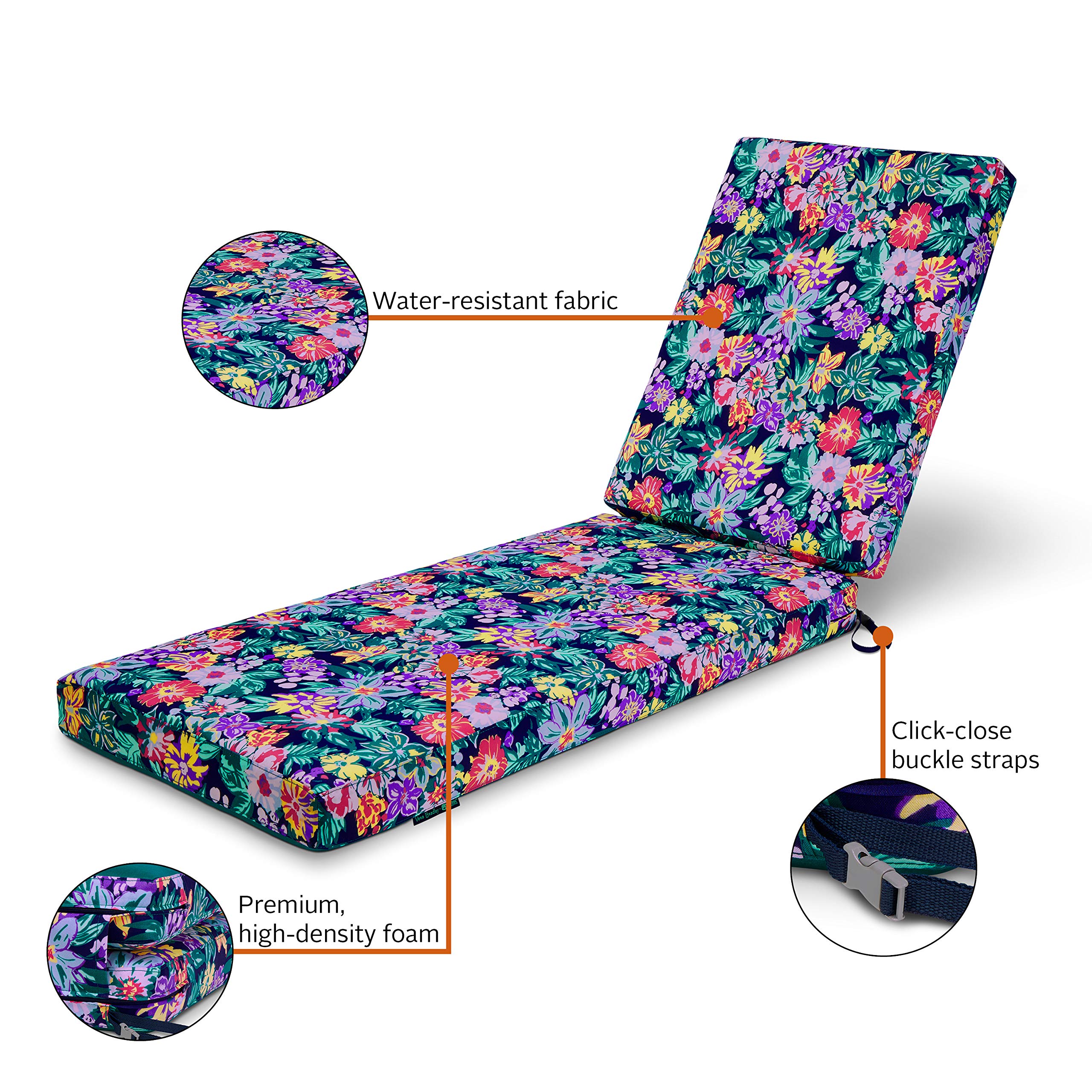 Classic Accessories for Vera Bradley Water-Resistant Patio Chaise Lounge Cushion, 26 x 48 x 32 x 3 Inch, Happy Blooms