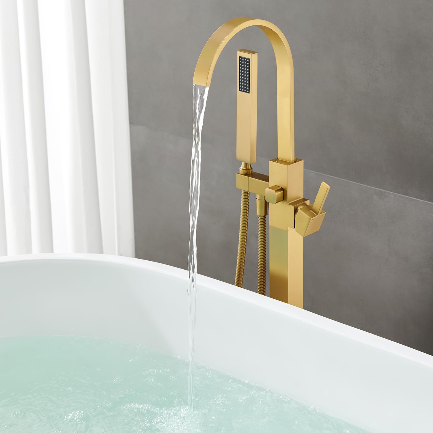 Artiqua Freestanding Bathtub Faucet Floor Mount Tub Filler Brushed Gold Brass Bathroom Faucets Single Handle with Hand Shower