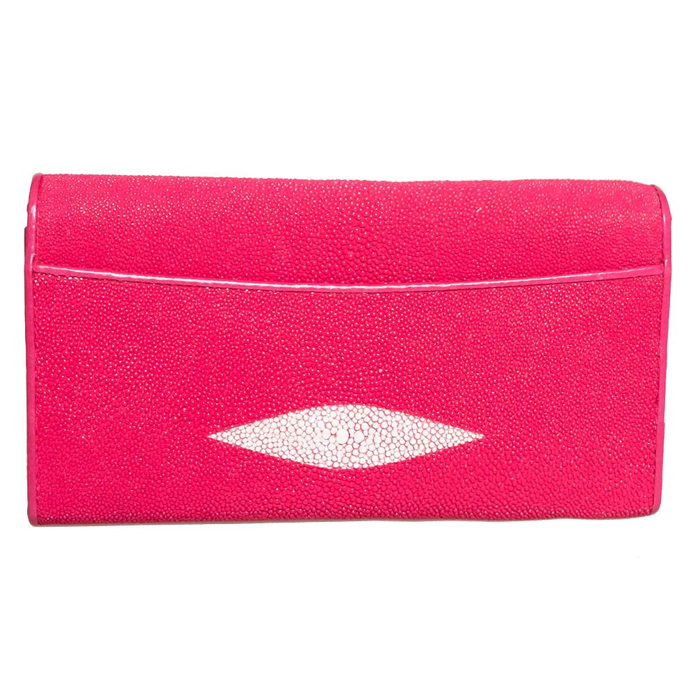 Genuine Stingray Skin Exotic Leather Zip Clutch Purse Long Snap Wallet Organizer (Hot Pink)