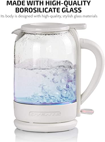 OVENTE Electric Glass Kettle 1.5 Liter 1500W Instant Hot Water Boiler Heater with ProntoFill Tech, Boil-Dry Protection, Automatic Shut Off, Fast Boiling for Tea & Coffee, White KG516W