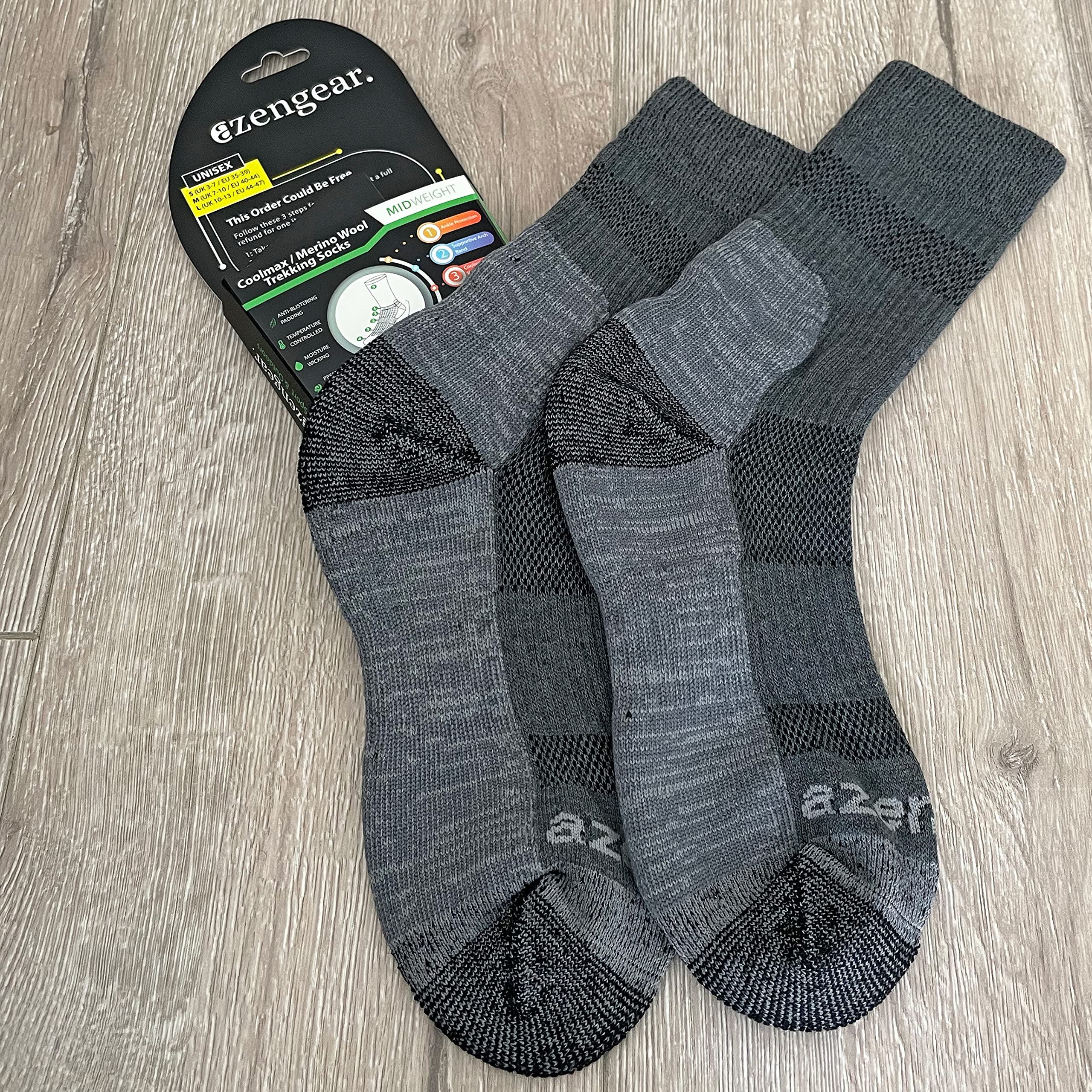 aZengear Premium Coolmax Merino Wool Hiking Socks for Men & Women - Trekking - Seamless Toe - Cushioned - Breathable & Soft - L