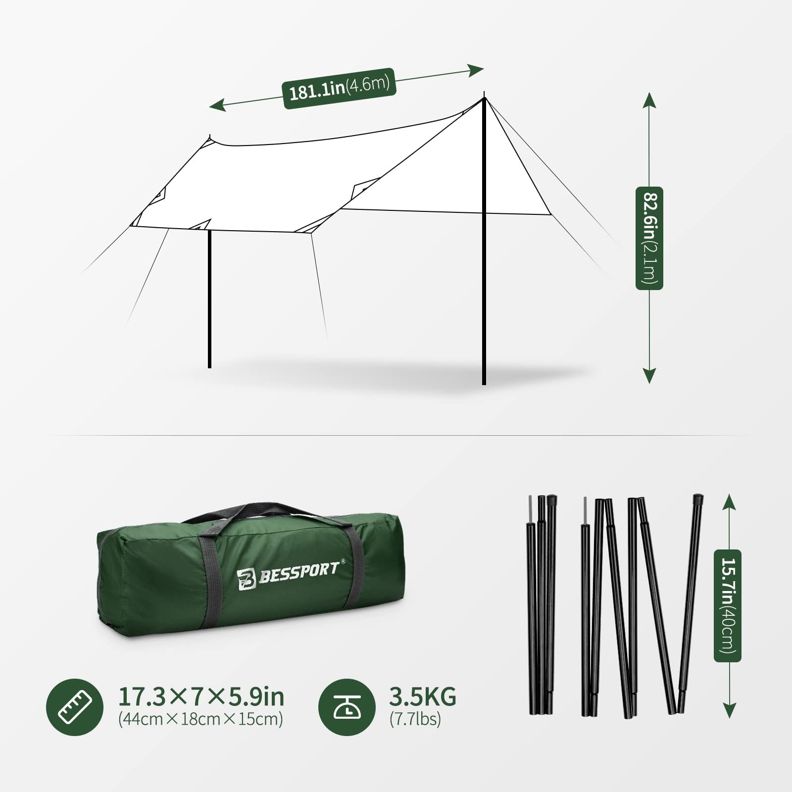 Bessport Tent Tarp Hammock Rain Fly Waterproof PU 3000mm-UV Protection, Lightweight Ripstop Fabric Camping Gear Essential Shelter Canopy- Fast Set Up (10 x 10ft Square Shape)