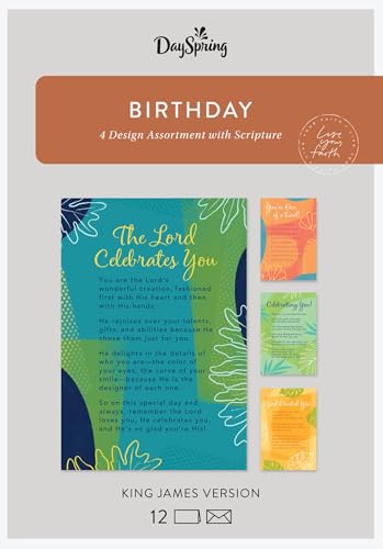 DaySpring - Celebrating You Birthday- King James Version- 4 Design Assortment with Scripture - 12 Geometric Botanical Boxed Cards & Envelopes (J5127)
