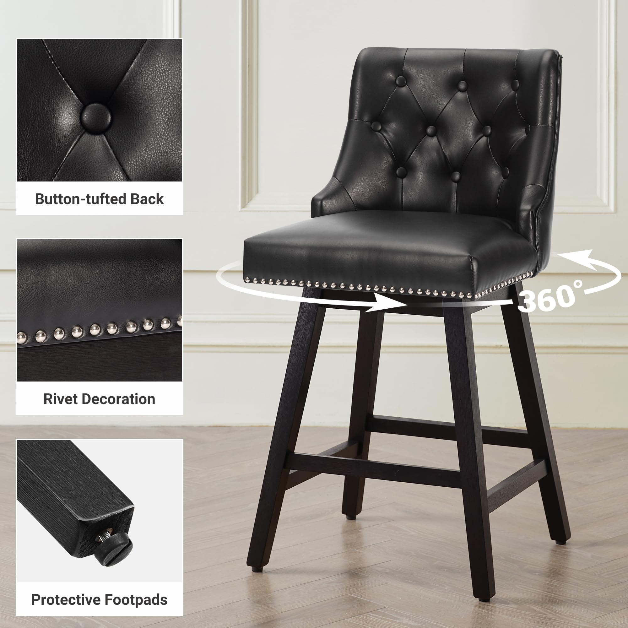 Busaurus Swivel Bar Stools Counter Height, 26" Faux Leather Upholstered Swivel Counter Stools with Back Set of 4, Modern Kitchen Island Stools with Solid Wood Legs, Black