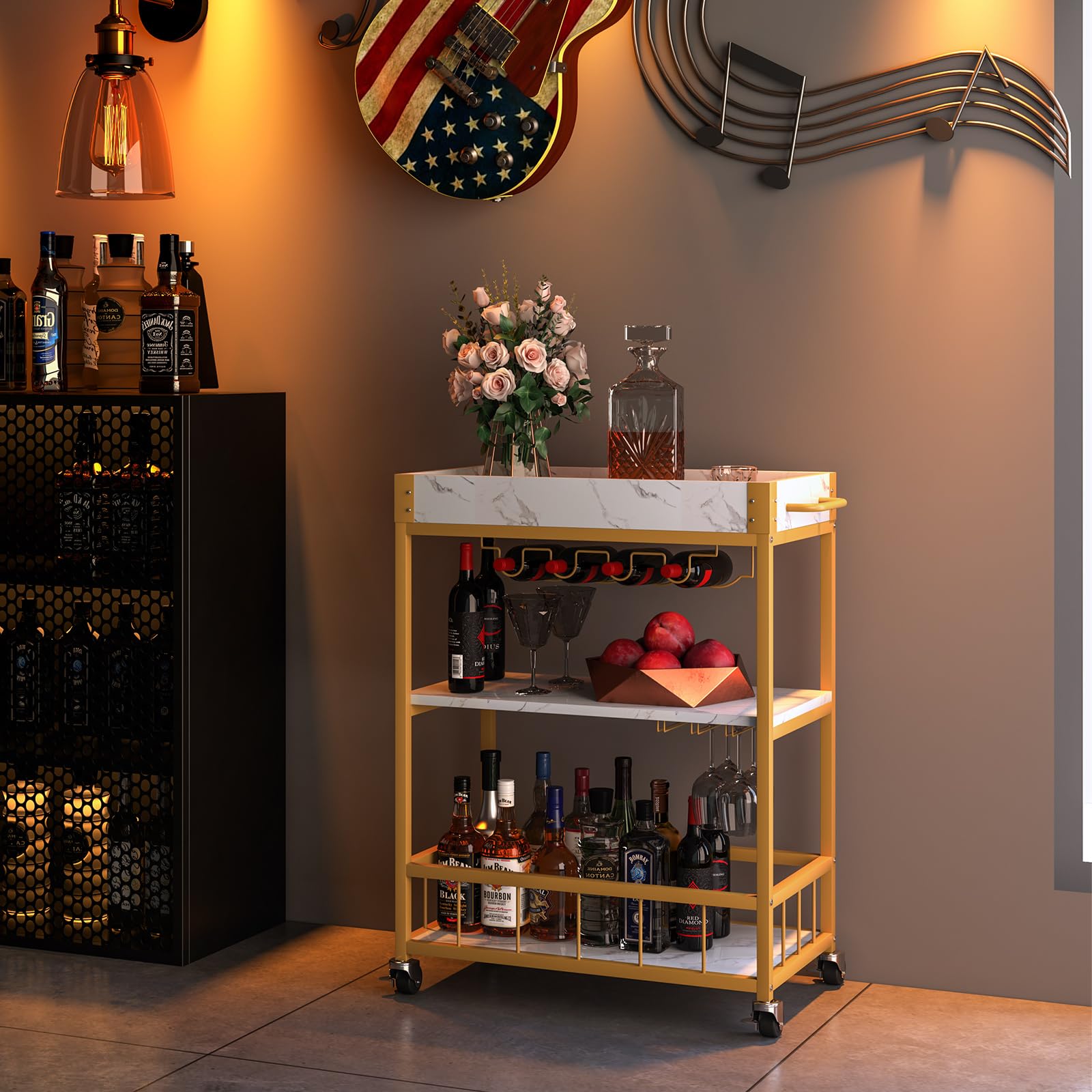 Azheruol Bar Cart White Marble 3 Tiers Removable Storage Tray with Wine Rack & Wine Glasses Holder,Rolling Beverage Cart,Mobile with Handle, Wood & Gold Steels Home Kitchen Shelf for Party