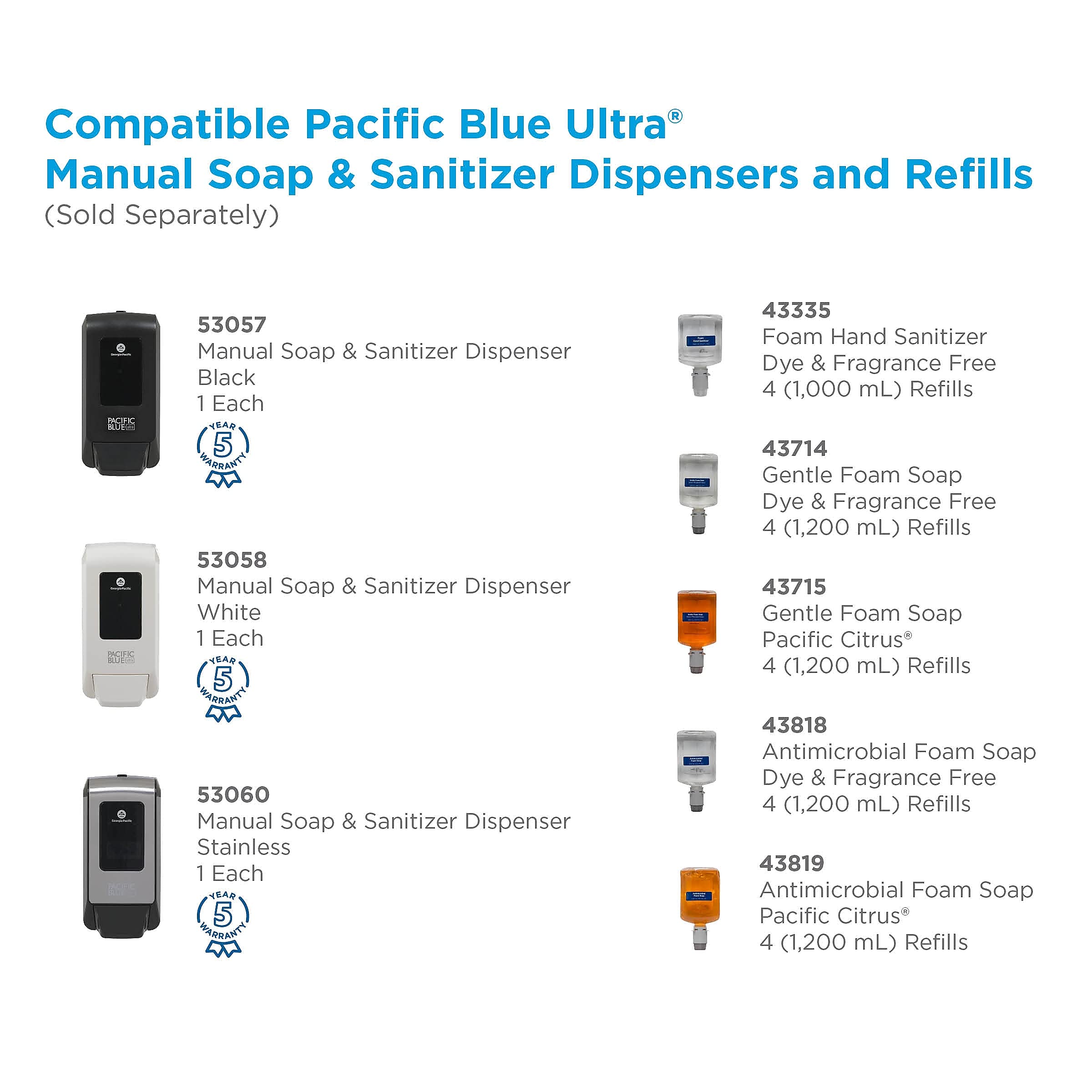 Georgia-Pacific Professional 43335 Pacific Blue Ultra Soap/Sanitizer Dispenser Refill, Unscented, 1000mL, 4/CT