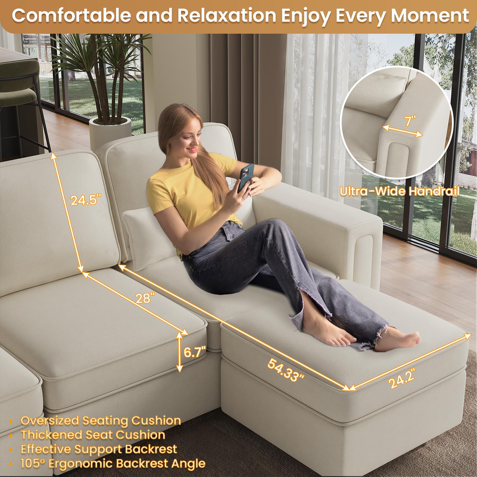 Brinlawb Sectional Sofa with Storage 110'' Convertible U Shaped Modular Sofa Couch with Reversible Chaise and Waist Pillow 6 Seater Chenille Sectional Couches with Ottomans for Living Room,Beige