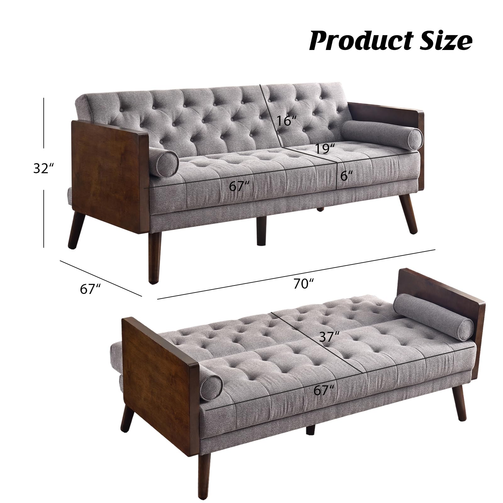 CANMOV Futon Sofa Bed, Sofa Cama, Sleeper Loveseat, Convertible Sleeper Sofa Bed Living Room, Wood Frame Loveseat Sleeper Sofa Bed with 2 Pillows for Small Spaces, Bedroom, Office, 70 Inch, Grey