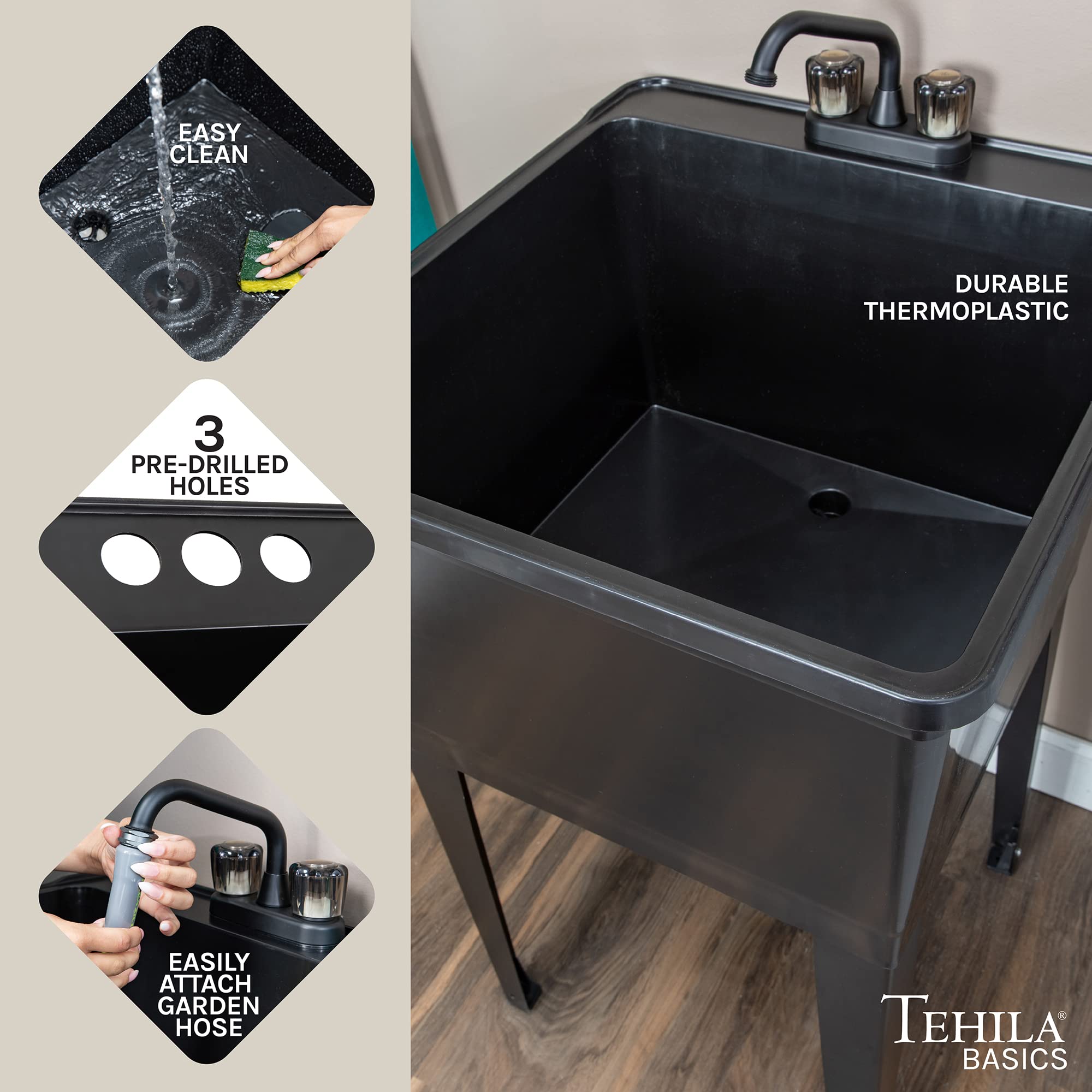 Tehila Basics by JS Jackson Supplies 21-Gallon Black Freestanding Utility Sink with Black 2-Handle Faucet, Heavy Duty Plastic Laundry Tub with Adjustable Legs