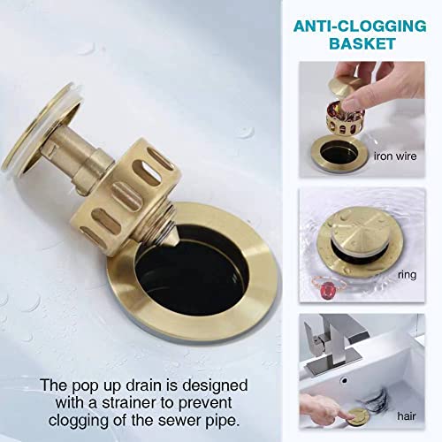 Bathroom Sink Drain with Overflow, Brushed Gold Sink Drain for Bathroom Sink, Universal Stainless Steel Gold Sink Drain, Pop Up Drain Stopper with Detachable Basket