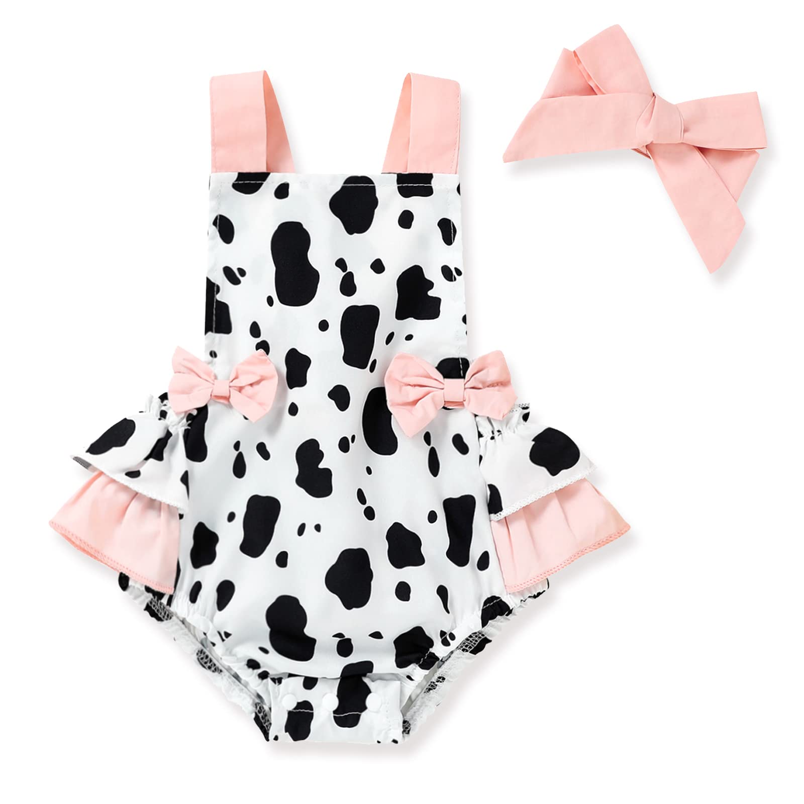 GRNSHTS Infant Baby Girls Ruffle Romper Toddler Sleeveless Halter Bodysuit Jumpsuit+Headband Summer Clothes Cow 12-18 Months Pink&black