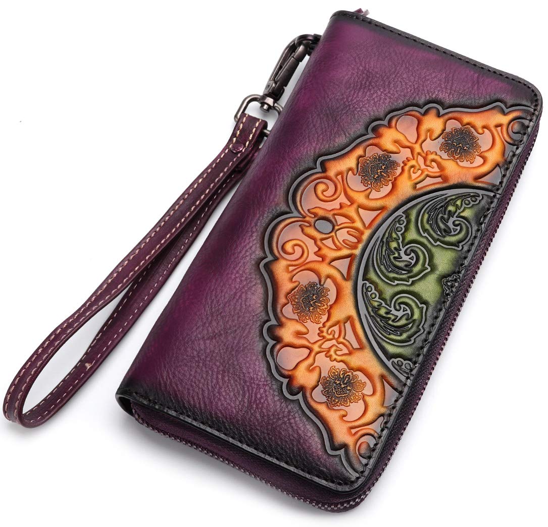 IVTG Genuine Leather Wallets for Women Long Purse Vintage Embossing Cowhide Handmade Small Clutch (Purple)