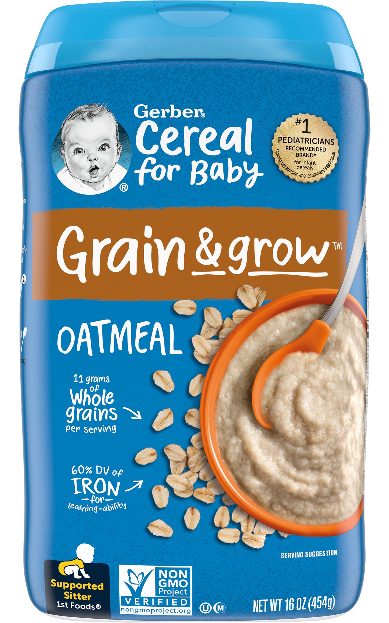 Gerber Cereal for Baby 1st Foods Grain & Grow Oatmeal Cereal, Made with Whole Grains & Essential Nutrients, Non-GMO, For Supported Sitters 8 Ounce (Pack of 6)