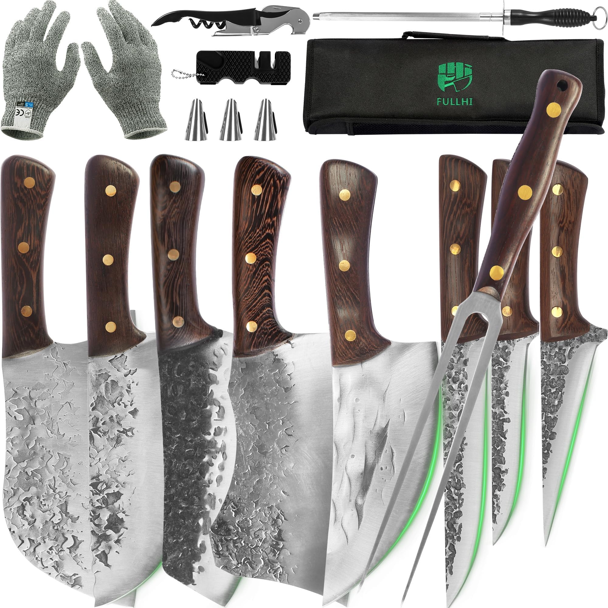 FULLHI 15pcs Portable Butcher Knife Set with Carving Meat Fork Kitchen Knife Set with Bag High Carbon Steel Chef's Knife Fish Knife For Kitchen, Camping, BBQ