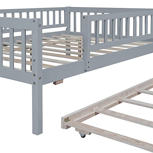 P PURLOVE Full Daybed with Trundle, Daybed Frame with Fence Guardrails, Wood Daybed for Boys, Girls and Young Teens, No Box Spring Needed (Gray)