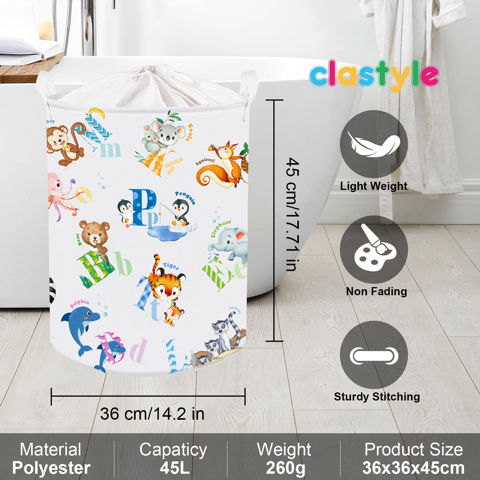 Clastyle 45L Cute Alphabet Animals Laundry Hamper for Boy Girl Colourful Round Toy Clothes Storage Basket for Nursery Room, 14.2x17.7 in