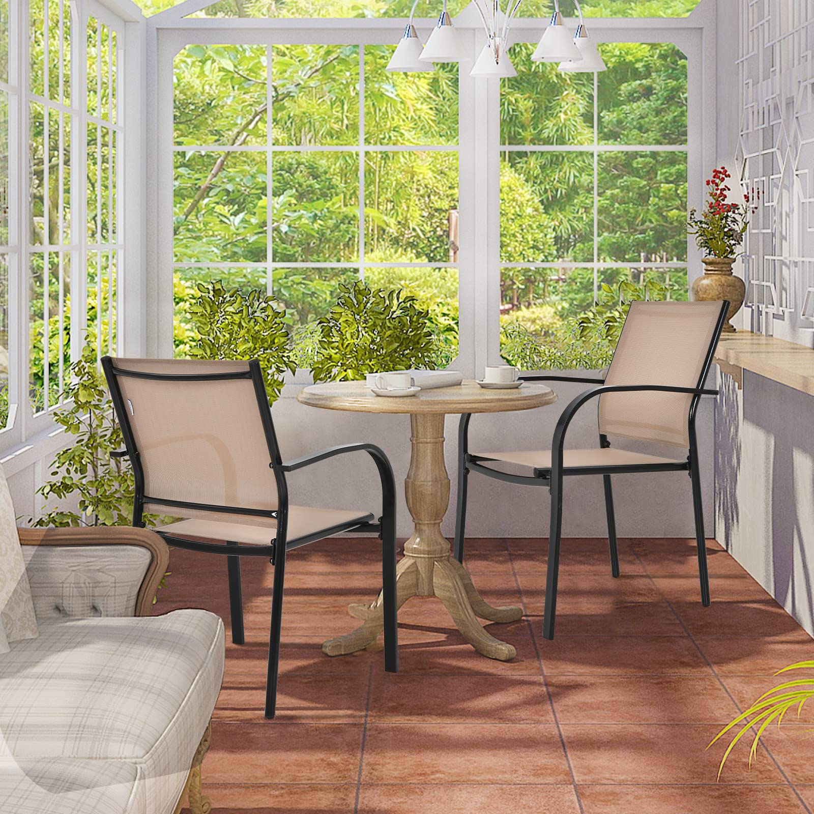 Tangkula Set of 4 Patio Dining Chairs, Outdoor Stackable Chairs with Armrests, Anti-Rust Steel Frame and Quick-Drying Fabric, Outdoor Bistro Chairs for Backyard, Lawn and Garden