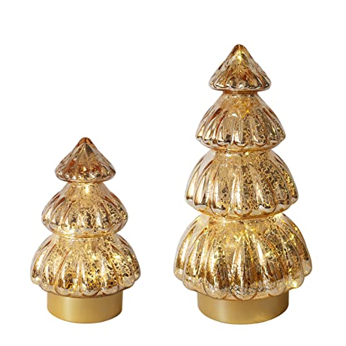 Battery-Operated Mercury Glass Christmas Tree Set, 2 Sizes: D6.1''x11.2''H and D4.9''x7.5''H