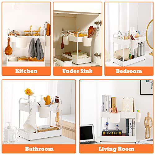 Kitchen Storage, Under Sink Organizer, NAYAHOSE 2 Tier Bathroom Storage Organizer Countertop with 4 Hanging Cups, 2 Handles, Under Cabinet Storage Tray Organize Holder, Makeups, Spices(white)