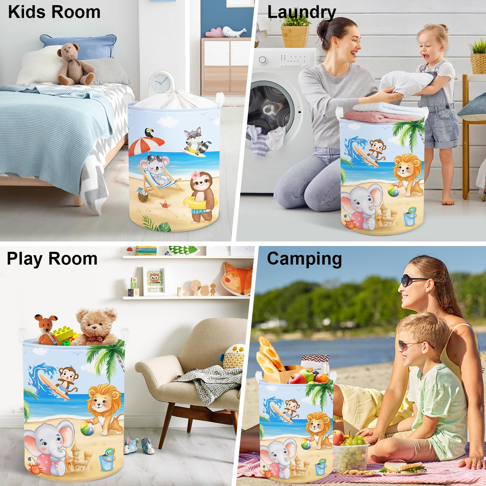 Clastyle Surfing Monkey Lion Laundry Hamper Summer Pool Beach Towel Blanket Basket Elephant Castles Nursery Hamper Kid Bedroom Round Toy Clothes Storage Basket