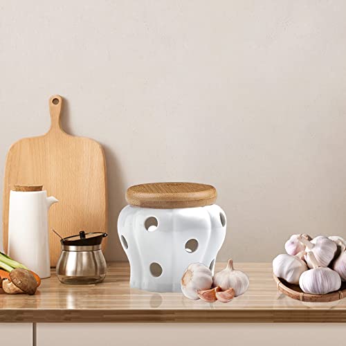 MEKBOK Garlic Keeper,Garlic Keeper for Counter,White Ventilated Garlic Container,Ceramic Garlic Storage Container with Bamboo Lid