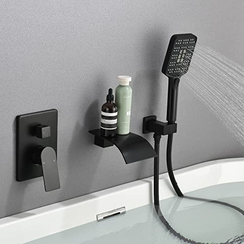 Bathtub Faucet Set with Handheld Sprayer Tub Filler Faucets with Rough-in Valve Trim Kit Wall Mount Tub Faucets Matte Black
