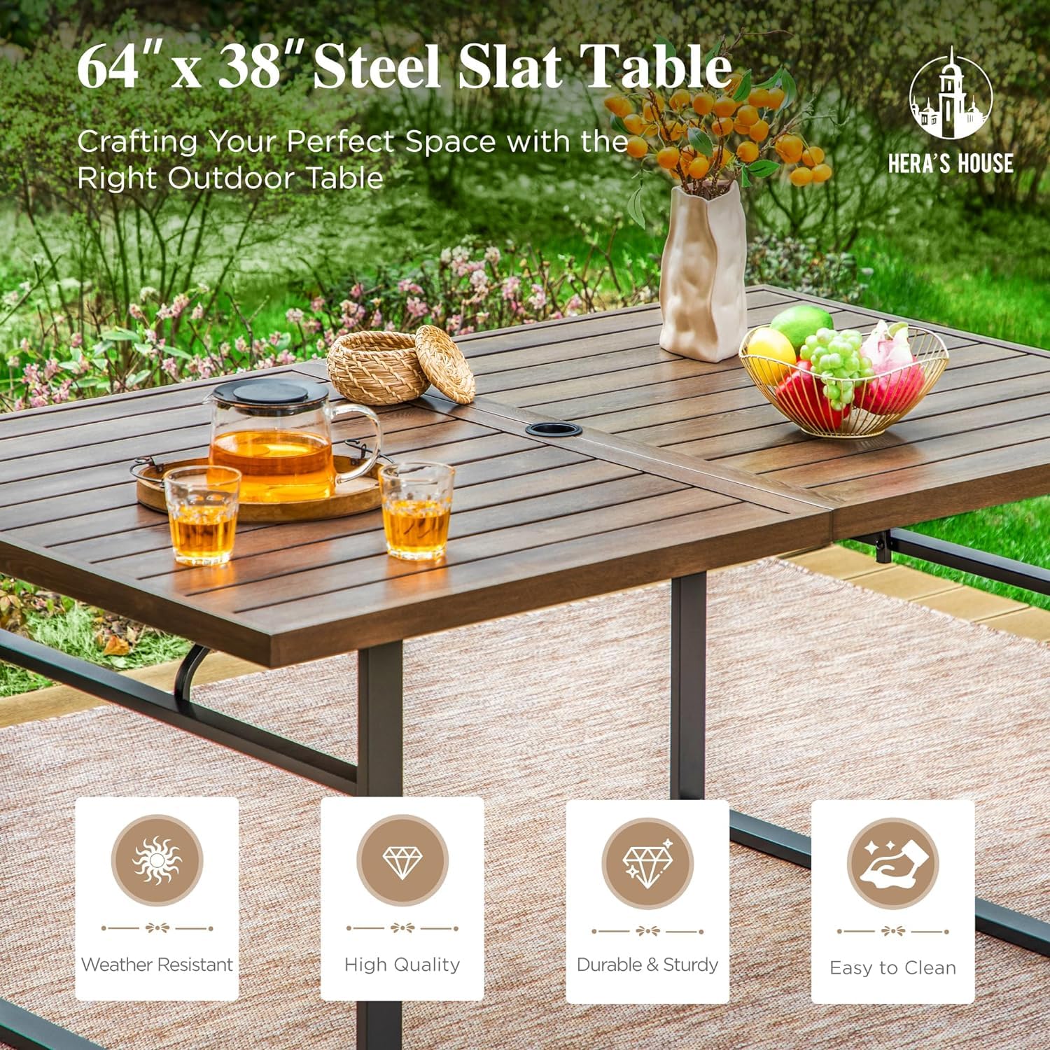 HERA'S HOUSE 7 Pieces Patio Dining Set, Table and Chairs Set for 6, 6 x Stackable Metal Chair, 1 x 64 Outdoor Metal Dining Table for Patio Lawn Garden Porch Deck