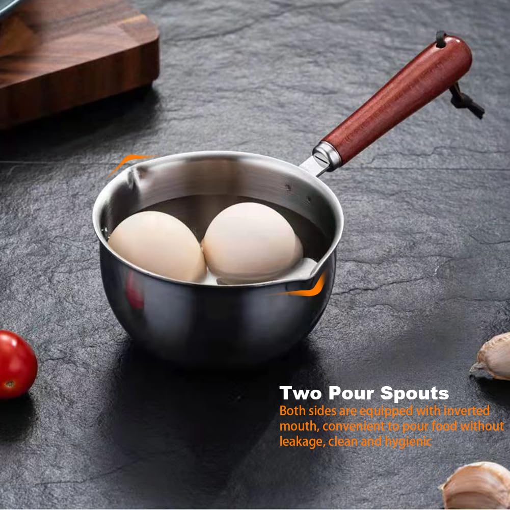 Butter Warmer Pot,Inside with clear scale Small Saucepan with Heat Resistand Wooden Handle and Dual Pour Spout Stainless Steel Small Milk Saucepan(size:300ml)
