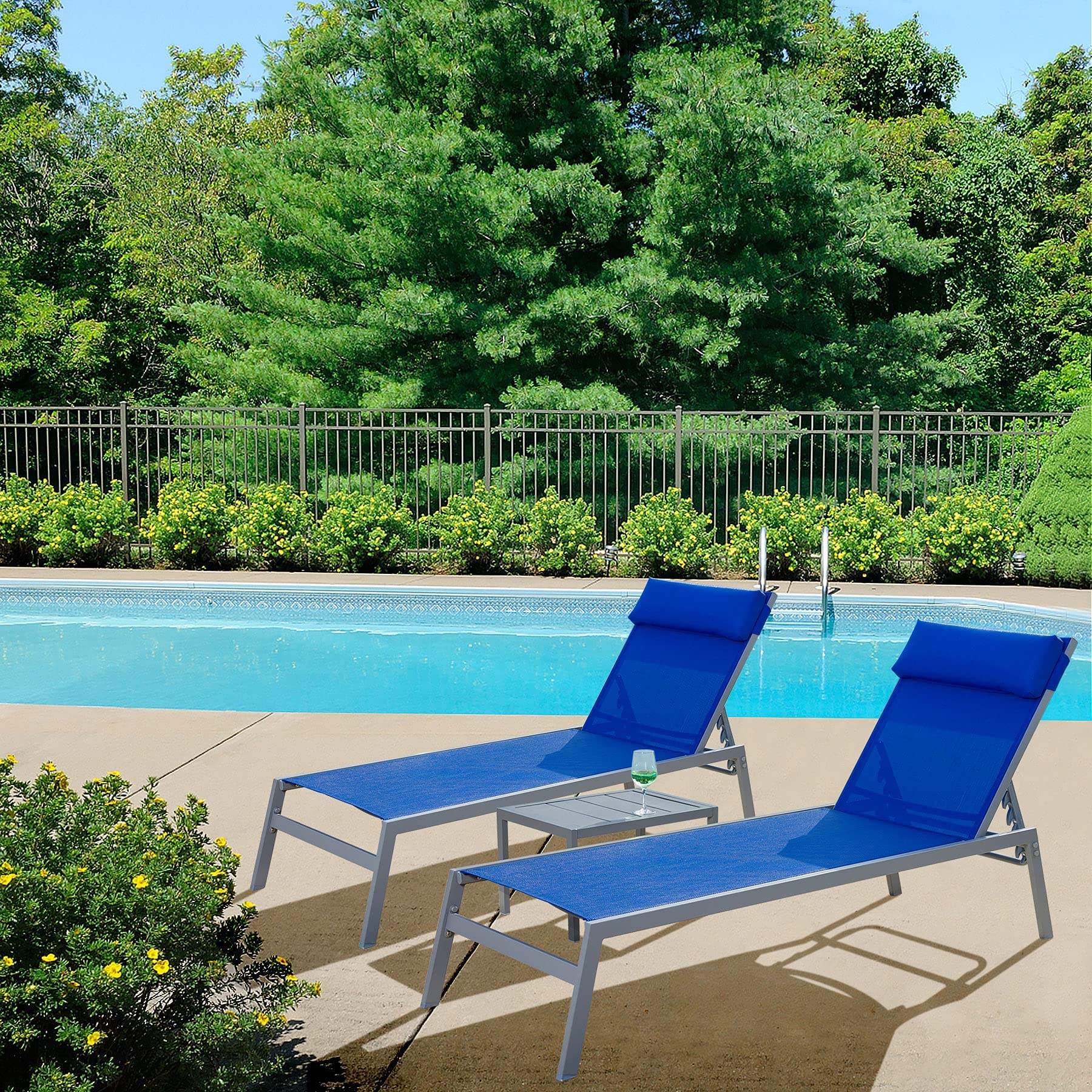 Domi 3 Pieces Adjustable Chaise Lounge Set Outdoor Patio Lounge Chair All Weather Five-Position Recliner Chair Set w/Coffee Table for Patio, Pool, Yard (Blue)