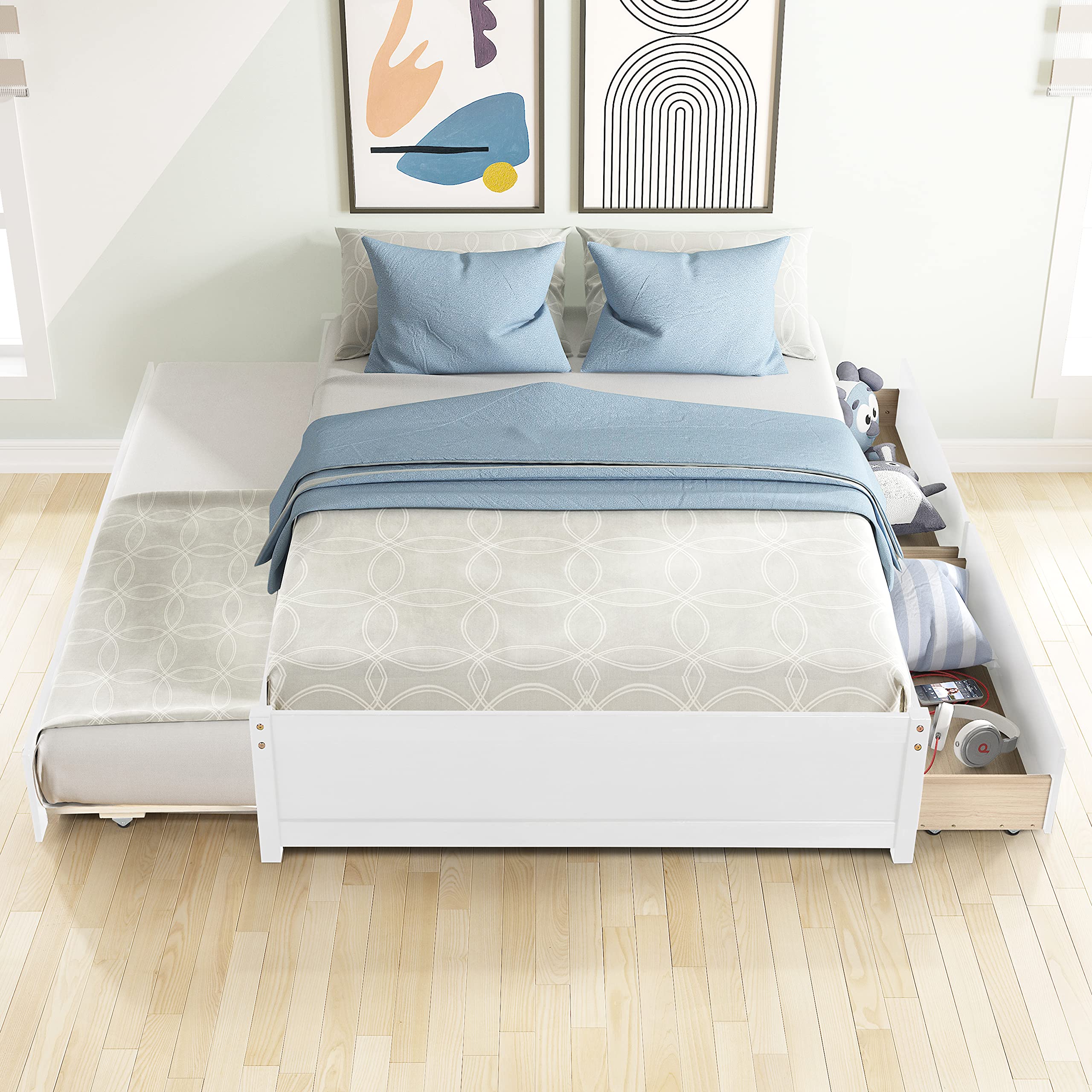 CITYLIGHT Full Bed with Trundle and Storage, Wood Platform Frame Full Bed with Trundle and Drawers, Space-Saving Full Bed for Kids, Boys, Girls, Teens, White