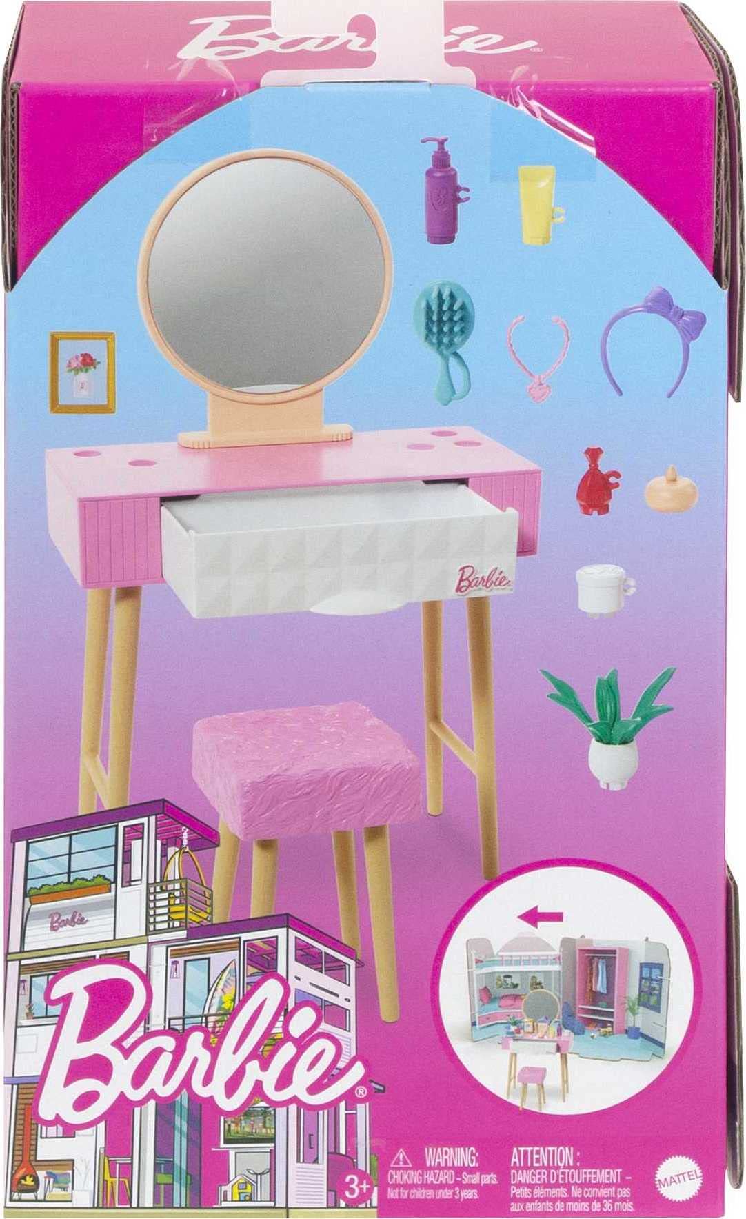 Barbie Furniture & Accessories Set, Doll House Décor, 10+ Pieces for Vanity Including Stand with Mirror, Stool, Beauty Products & More