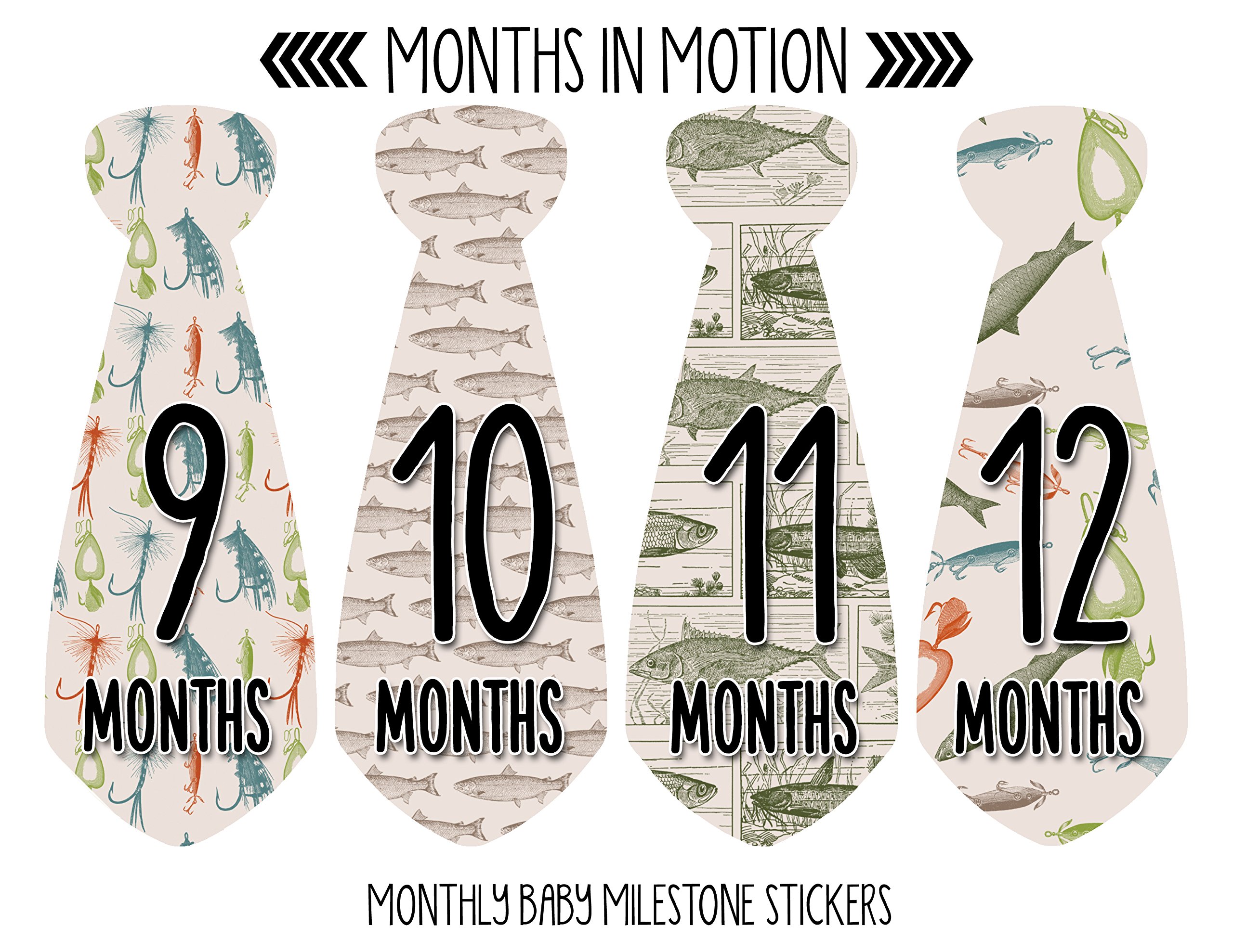 Months In Motion Monthly Baby Tie Stickers - Boy Month Milestone Necktie Sticker - Onesie Month Sticker - Infant Photo Prop for First Year - Shower Gift - Newborn Keepsakes - Fish Fishing