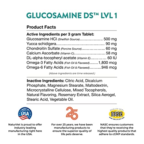 NaturVet Glucosamine DS Level 1 Maintenance Care Hip & Joint Support Pet Supplement for Dogs & Cats –Glucosamine, Chondroitin, Antioxidants –Supports Cartilage, Joint Function – 150 Ct.