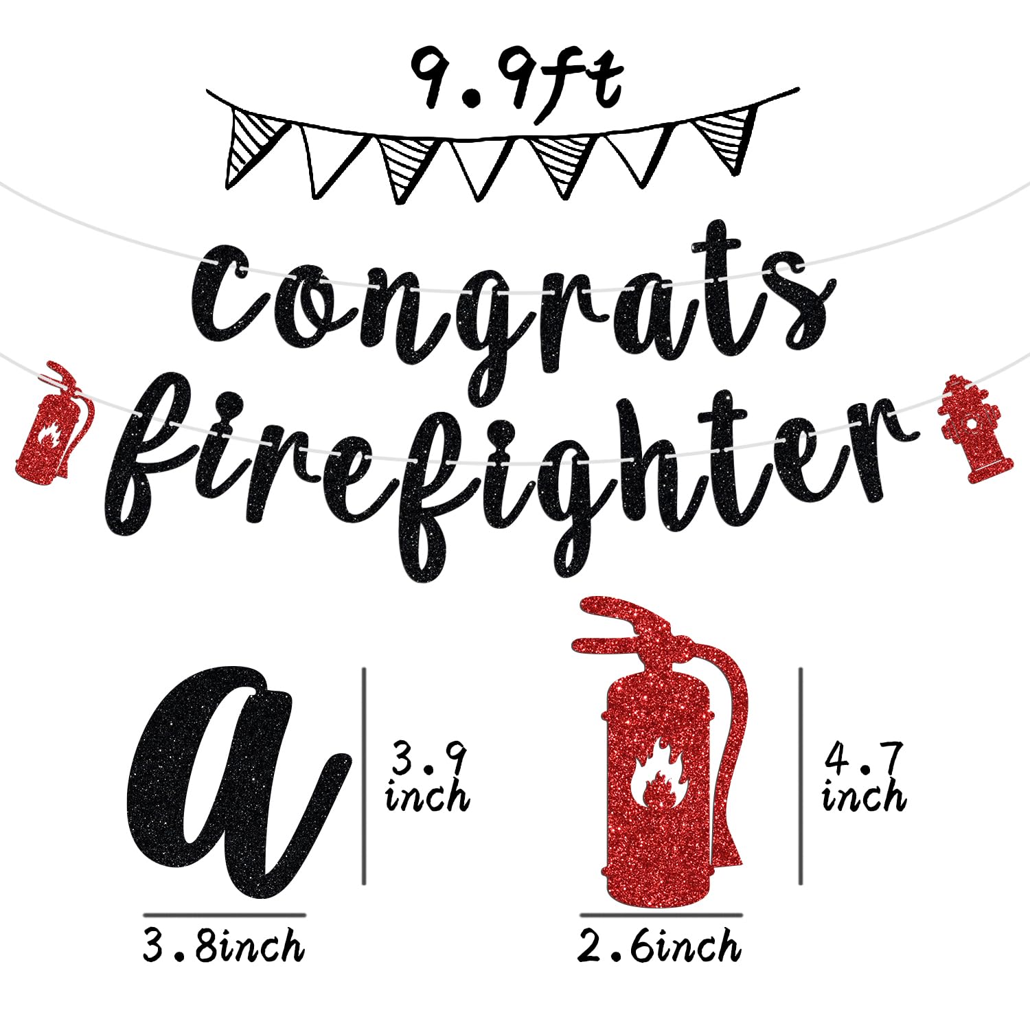 Congrats Firefighter Banner, Class of 2024/Congrats Grad, Fire Department Graduation Party Decoration Supplies for Fireman, Black Glitter