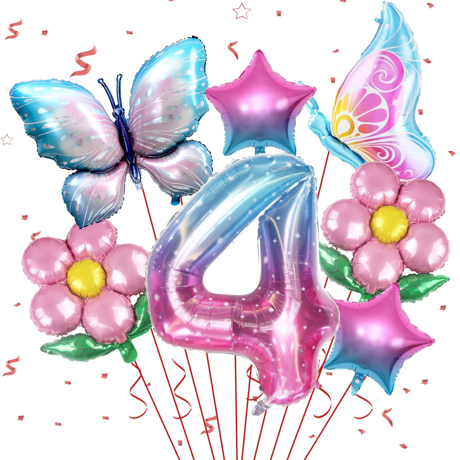 Butterfly Balloon 4th Birthday Decorations,Butterfly Balloons Colorful Gradient Pink Butterfly Foil Mylar Balloon for Fairy 4th Birthday Party Decorations Girl Party Supplies Baby Shower