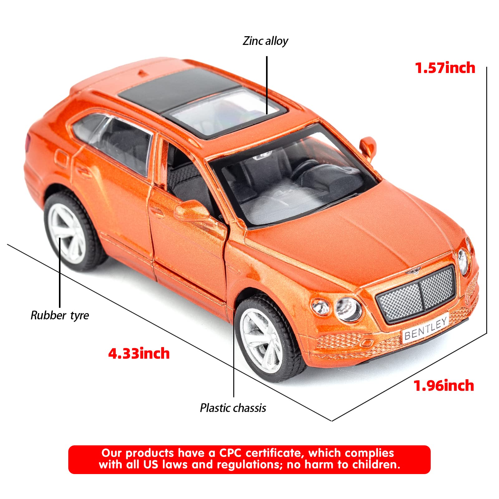 BDTCTK Compatible for 1:45 Bentley Bentayga Model Car, Zinc Alloy Pull Back Toy Car for Kids Boy Girl Orange