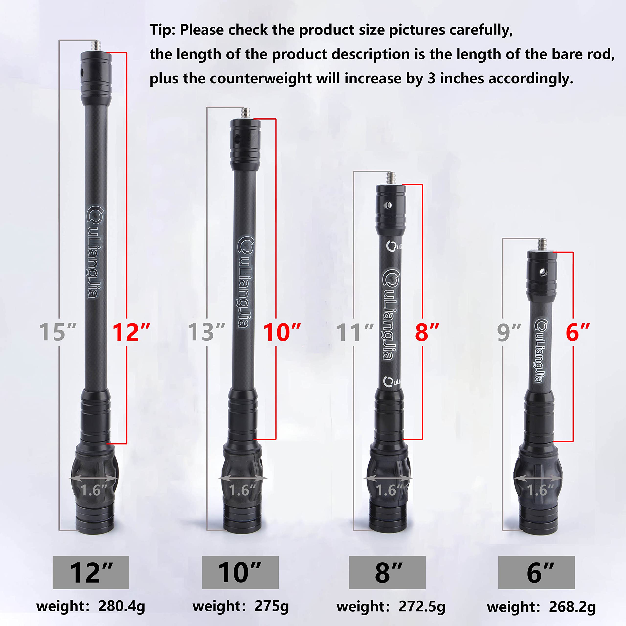 AMEYXGS Archery Bow Stabilizer 6" 8" 10" 12" Rod Balance Bar with Damping System and Weights Shock Absorber for Compound Bow Archery Accessory (6" Stabilizer)