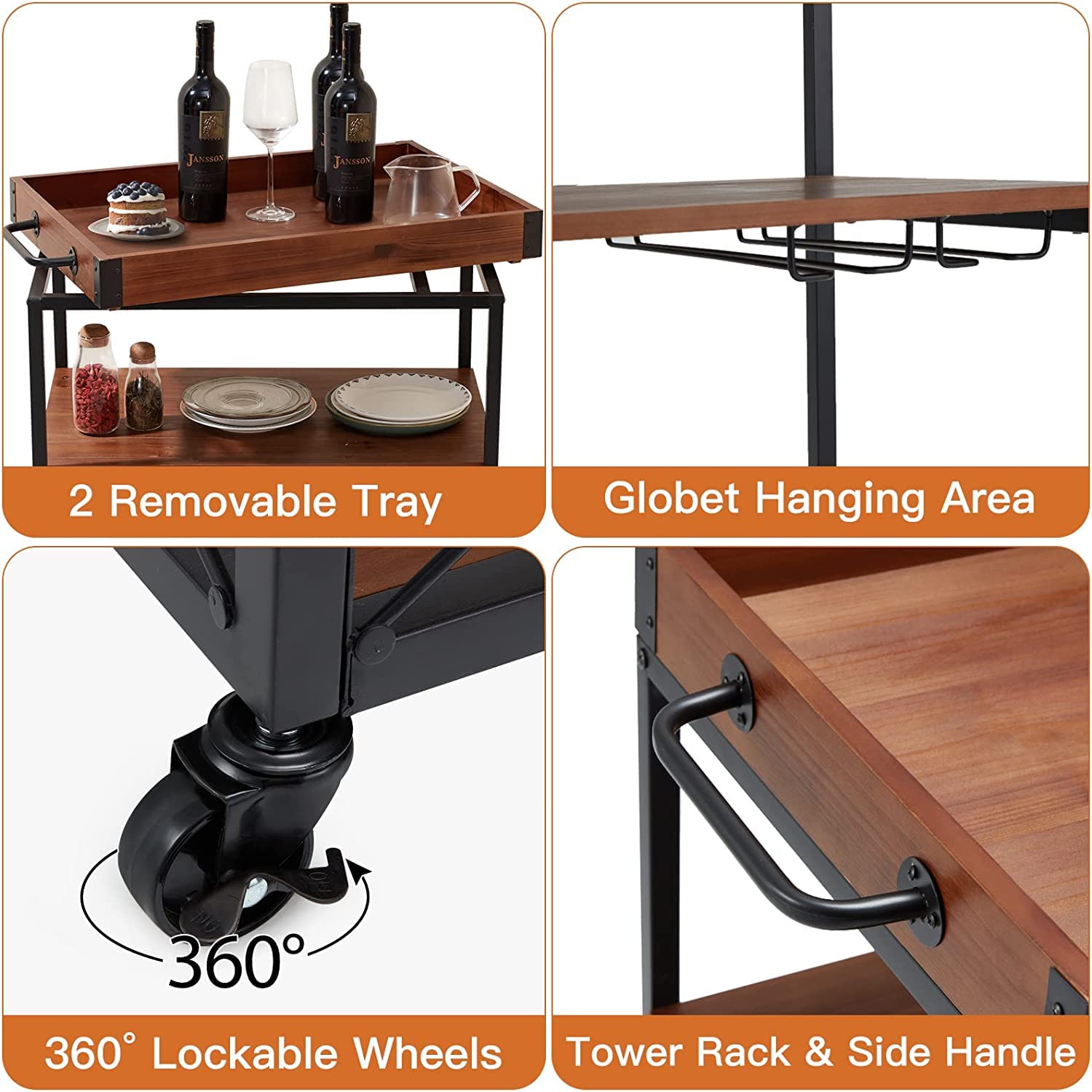 AVAWING Industrial Kitchen Serving Carts, 3 Tier Bar Cart Mobile Kitchen Island with Removable Wood Tabletop, Glass Holder, Removable Tray, Lockable Wheels for Kitchen, Dining Room, Living Room, Brown