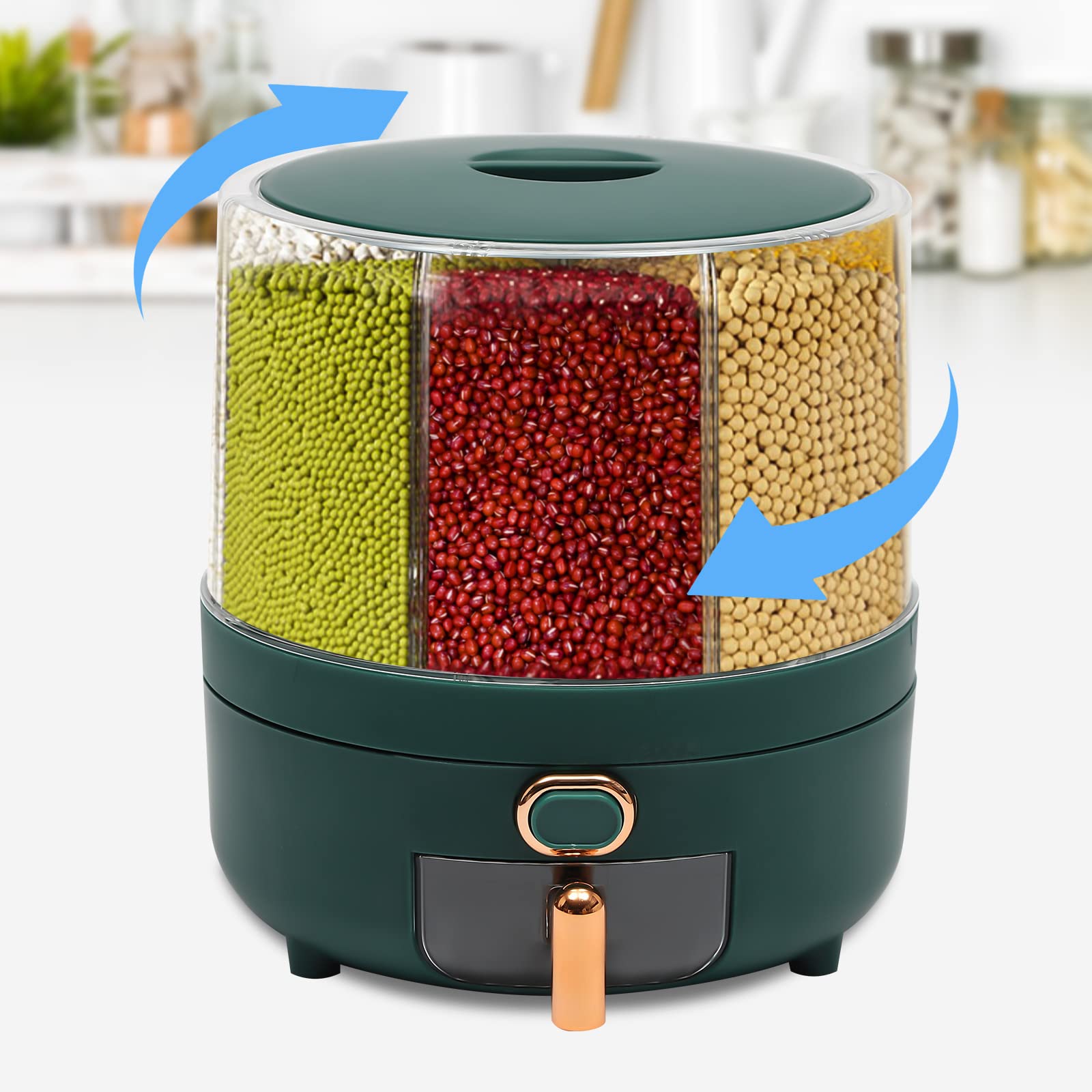 BANLICALI 6 Grid Rice Dispenser, 360° Rotating Dry Rice Dispenser PET PP Kitchen Grain Storage Container with Anti-slip Pads for Store Rice and Beans Green+Clear (Medium)