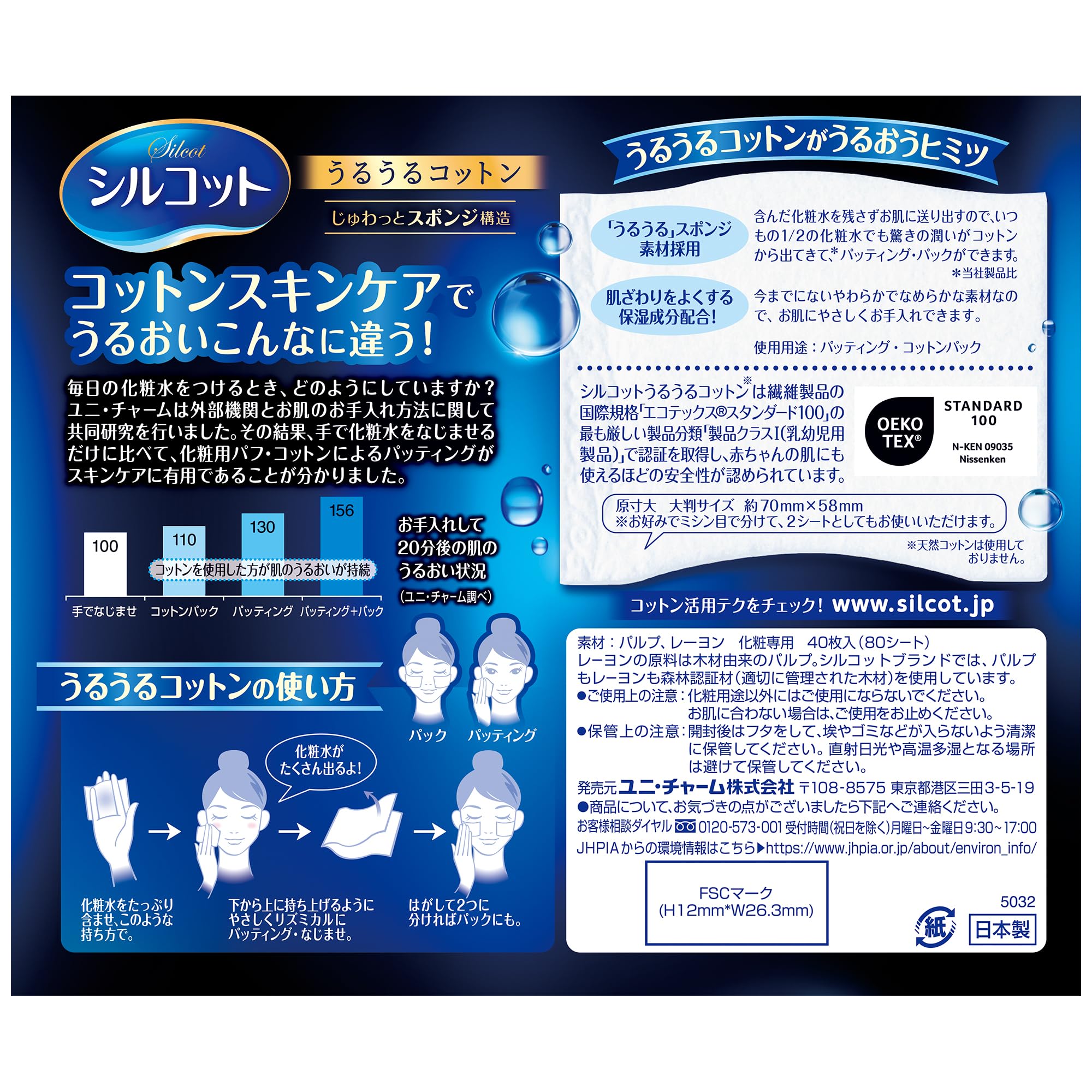 Unicharm Silcot Uruuru Sponge Facial Cotton, 40 Count