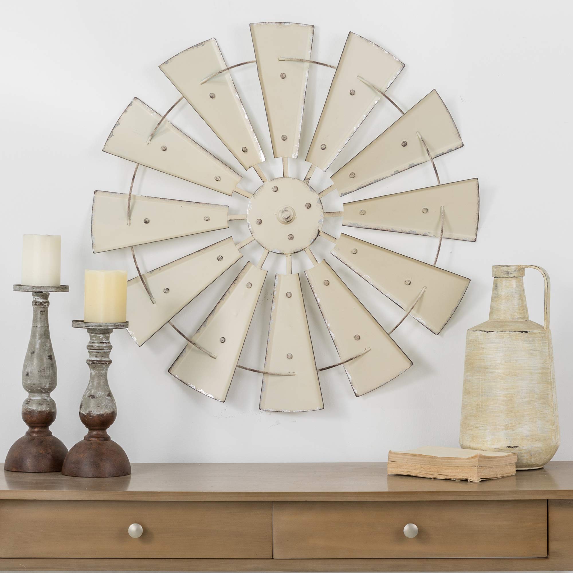 Glitzhome 22" Farmhouse Galvanized Windmill Wall Sculpture Home Decor Rustic Metal Rustic Wall Art Decoration, Silver