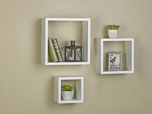 Melannco Floating Square Cube Shelves, for Bedroom, Living Room, Bathroom, Kitchen, Nursery, Set of 3, White, 3 Count